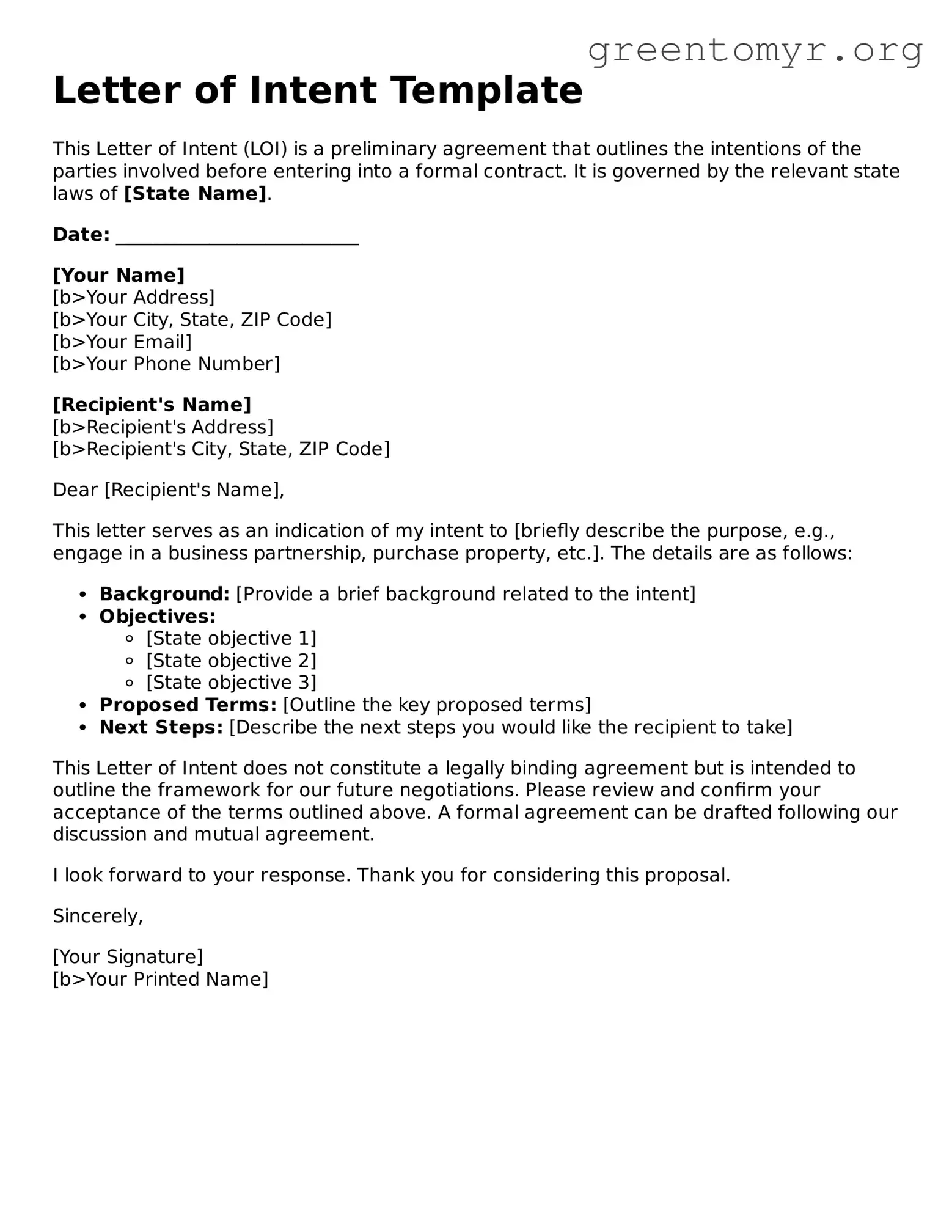 Valid Letter of Intent Forms ≡ Fillable Template